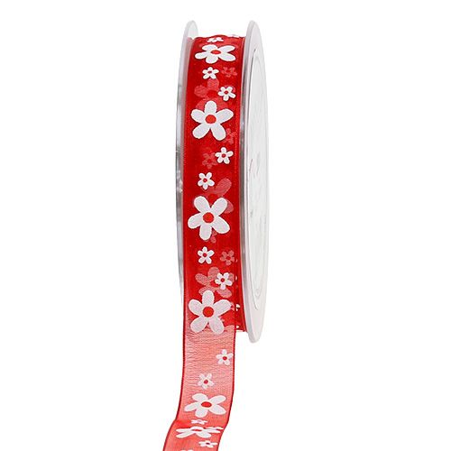 Floristik24.co.uk Deco ribbon red with flowers 15mm 20m
